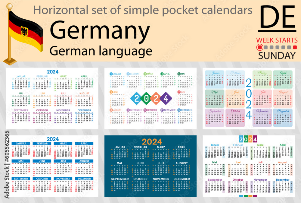 German horizontal set of pocket calendar for 2024. Week starts Sunday ...