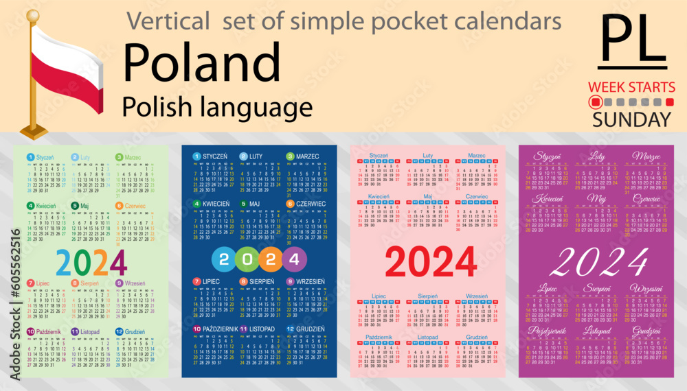 Polish vertical set of pocket calendar for 2024. Week starts Sunday ...