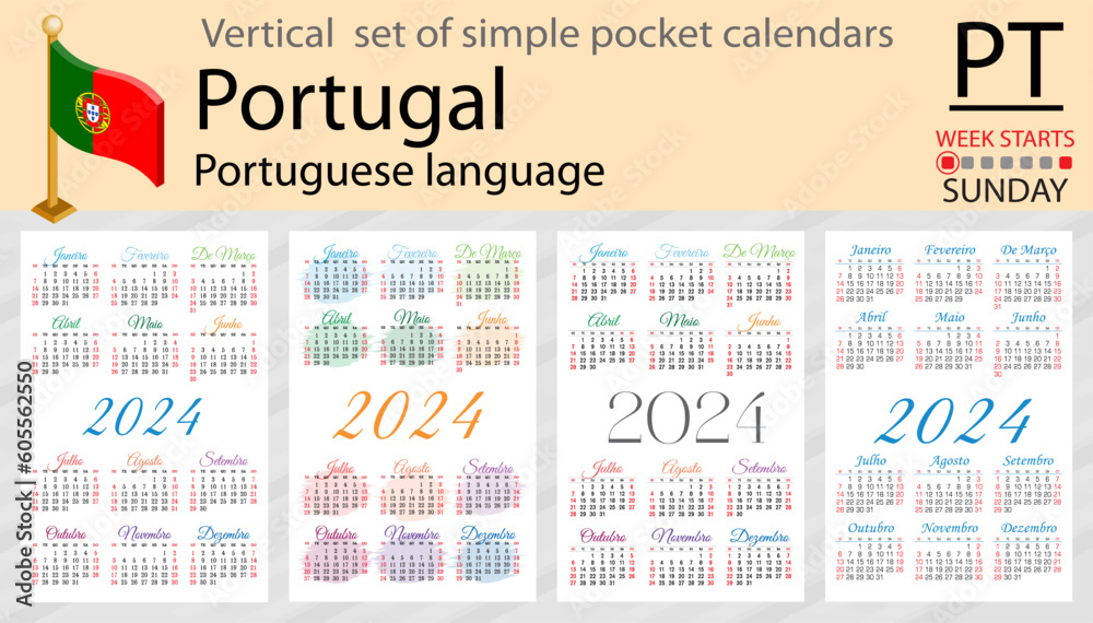 Portuguese vertical set of pocket calendar for 2024. Week starts Sunday ...