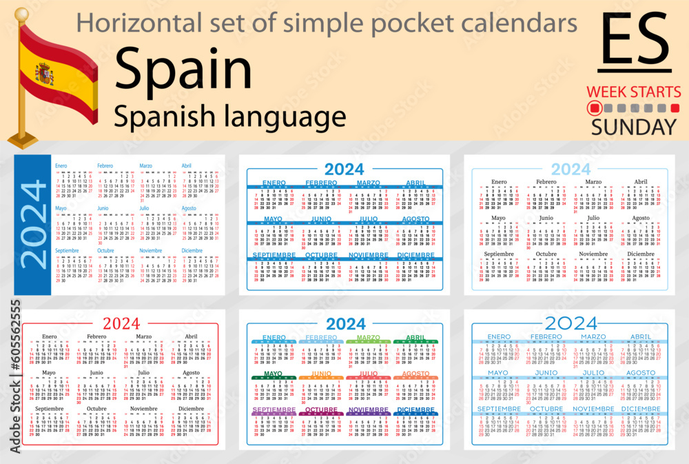 Spanish horizontal set of pocket calendar for 2024. Week starts Sunday ...