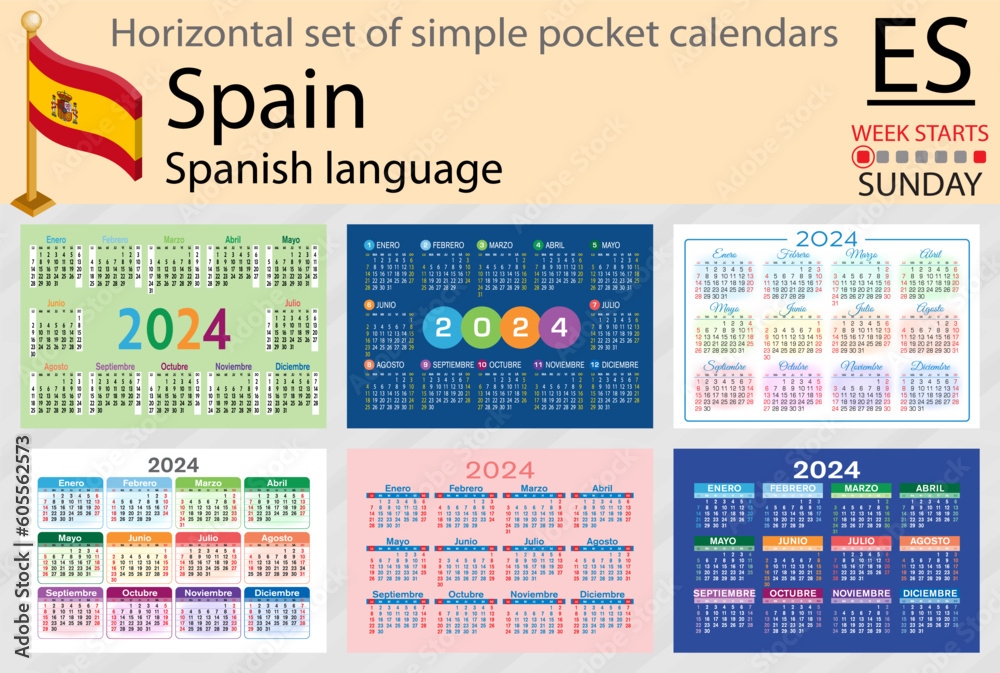 Spanish horizontal set of pocket calendar for 2024. Week starts Sunday ...