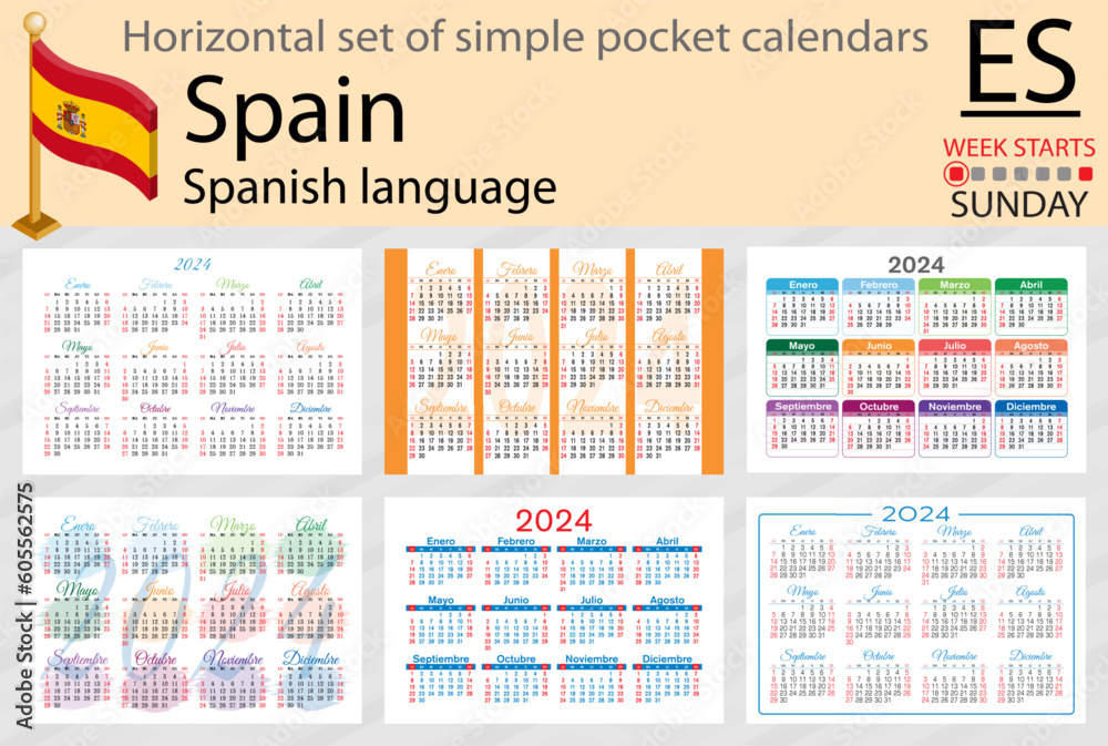 Spanish horizontal set of pocket calendar for 2024. Week starts Sunday ...