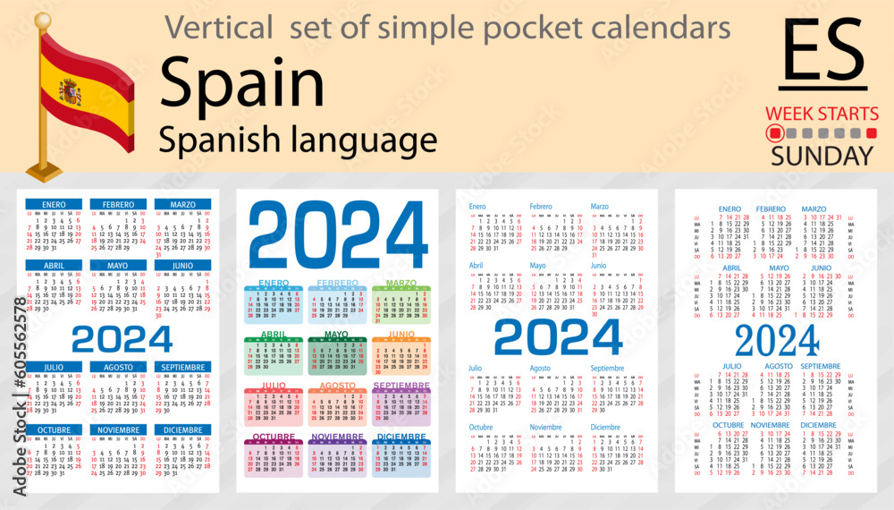 Spanish vertical set of pocket calendar for 2024. Week starts Sunday ...