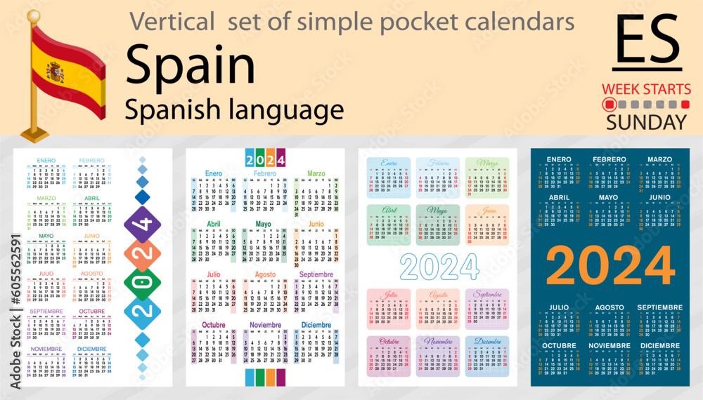 Spanish vertical set of pocket calendar for 2024. Week starts Sunday ...