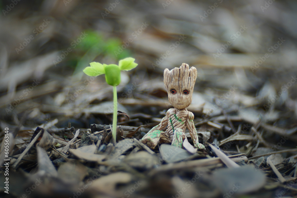 CHIANGMAI, THAILAND - MAY 2023 : Baby Groot is sitting with young plant ...