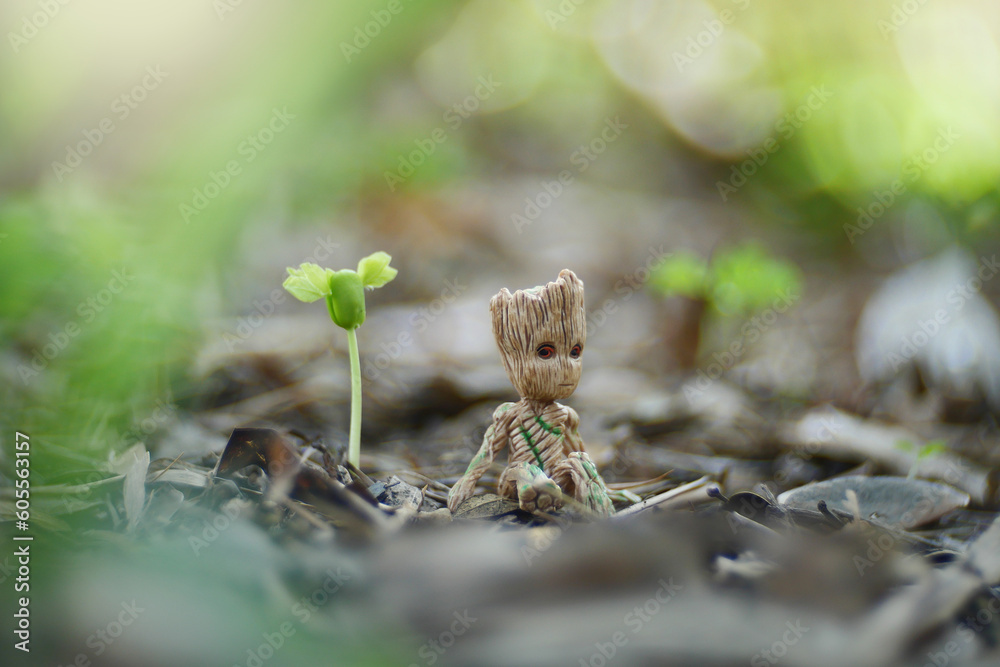 CHIANGMAI, THAILAND - MAY 2023 : Baby Groot is sitting with young plant ...