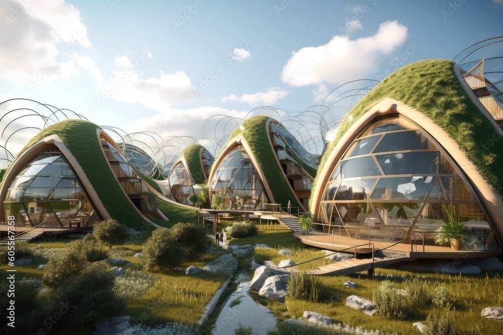 futuristic village with self-sustainable eco-system, including recycled ...