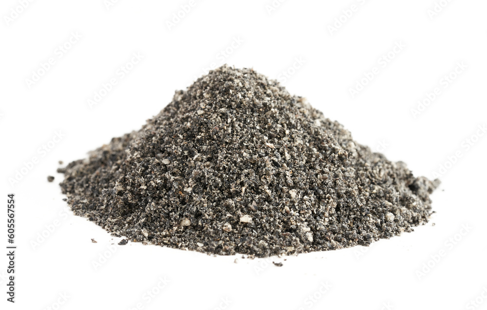 black sesame powder isolated on white background. pile of black sesame ...