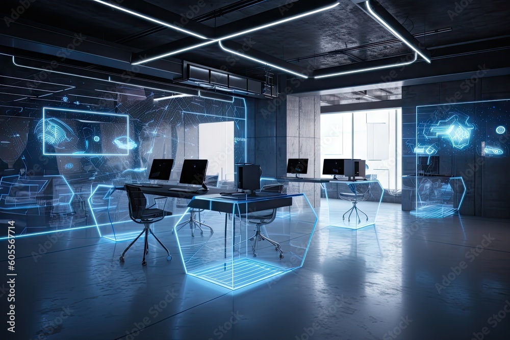 open office with holographic projectors and virtual reality headsets ...