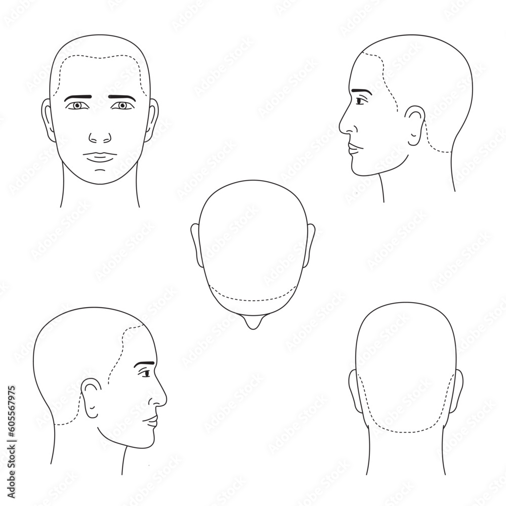 Isolated vector black and white male heads in different projections ...