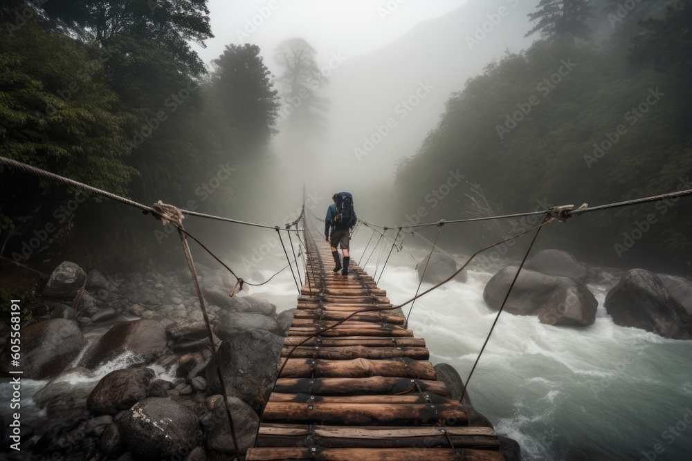 adventure traveller crossing rope bridge over raging river, with misty ...