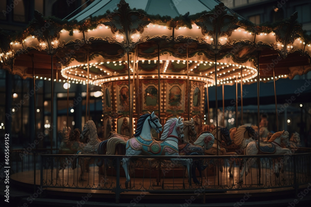 A photo capturing a vintage carousel at dusk, focusing on the ...