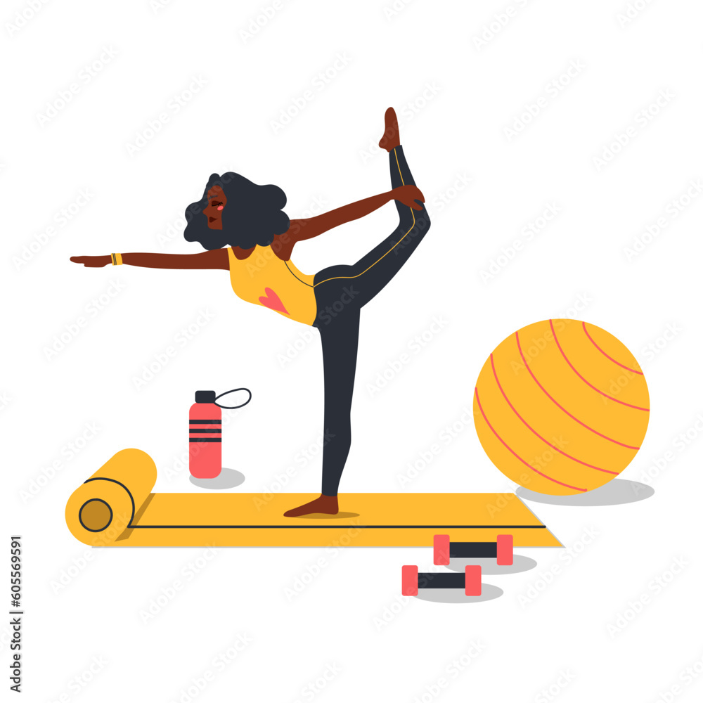 woman doing yoga exercises. Happy person practicing stretching workout ...