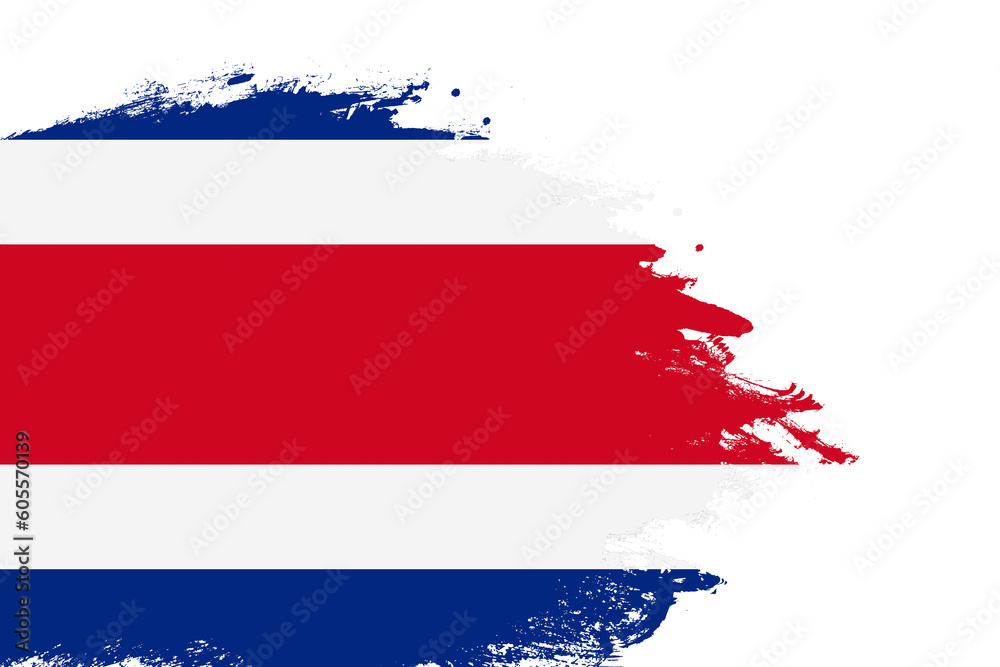 Costa Rica flag on a stained stroke brush painted isolated white ...