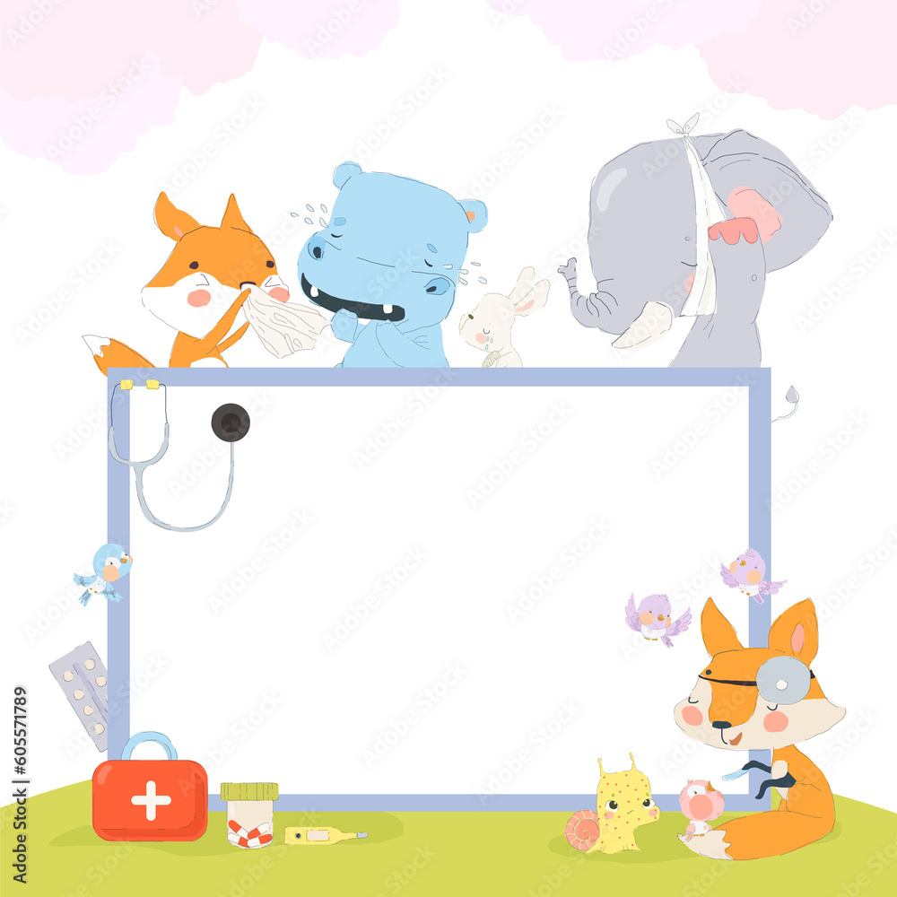 Cartoon Frame with Cute Patients Animals, Sick Characters. Vector ...