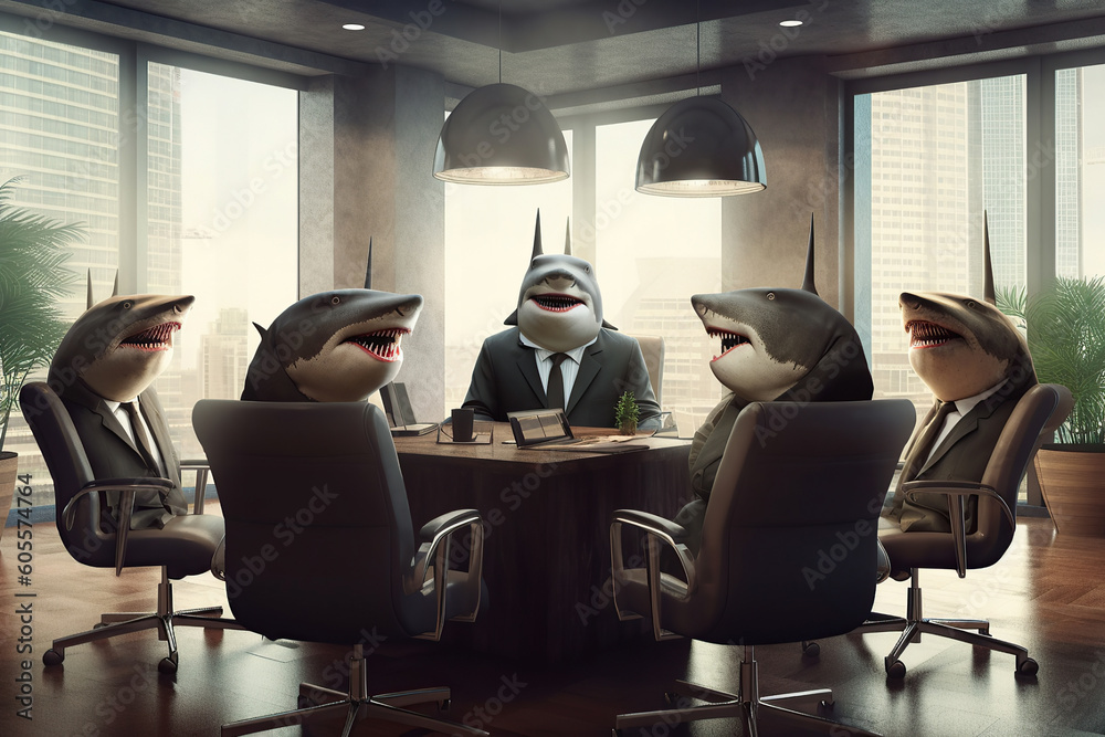 Image of a group of sharks in suits and ties sitting around the ...
