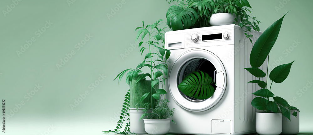 Greenwashing or green sheen concept with washing machine on wide banner ...