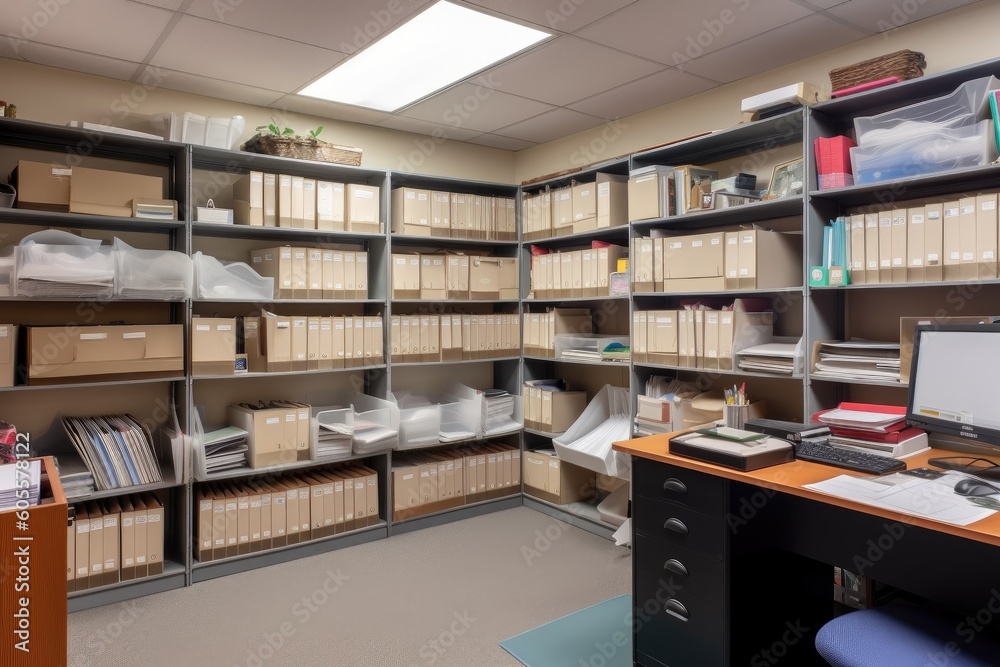 organized business document library with tidy bookshelves and labeled ...