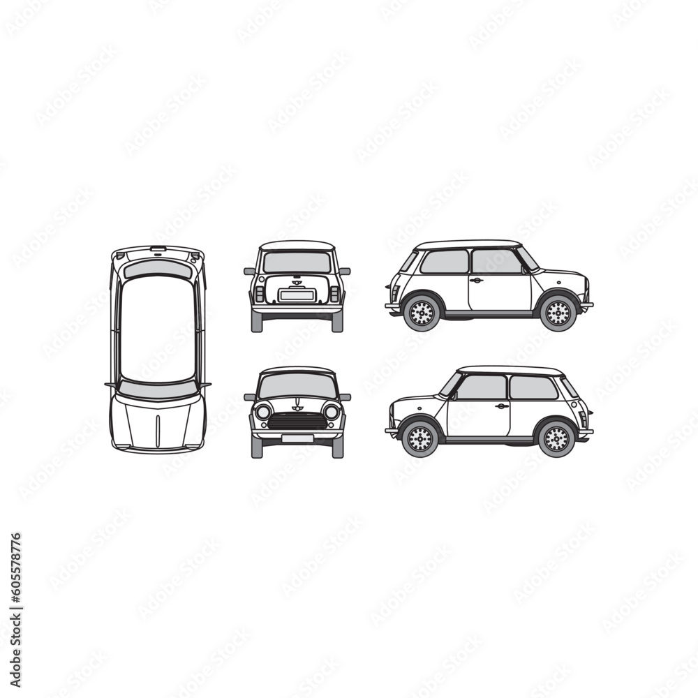 minicar outline, year 1998, white background, front, back, top and side ...