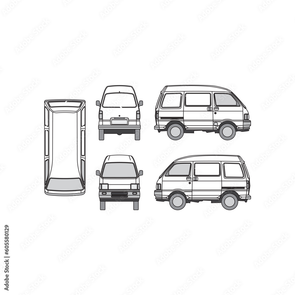 minibus outline, year 1996, white background, front, back, top and side ...