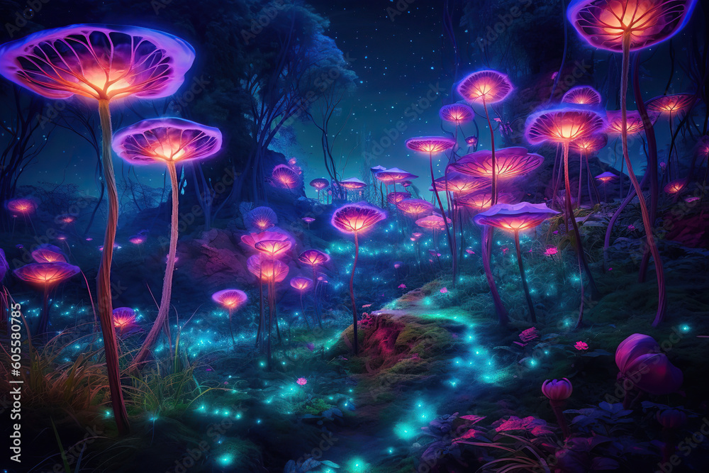 beautiful field of magical glowing flowers, colorful fantasy art ...