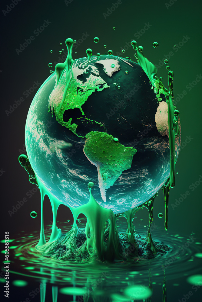 Planet Earth splashing in green liquid water on dark background Stock ...