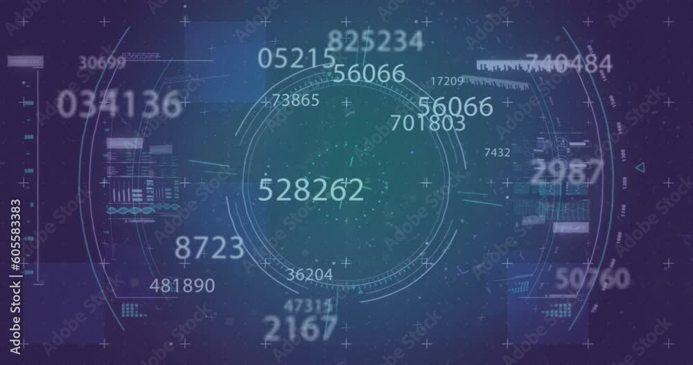 Animation of glitch effect and scope scanning over multiple changing numbers against blue ...