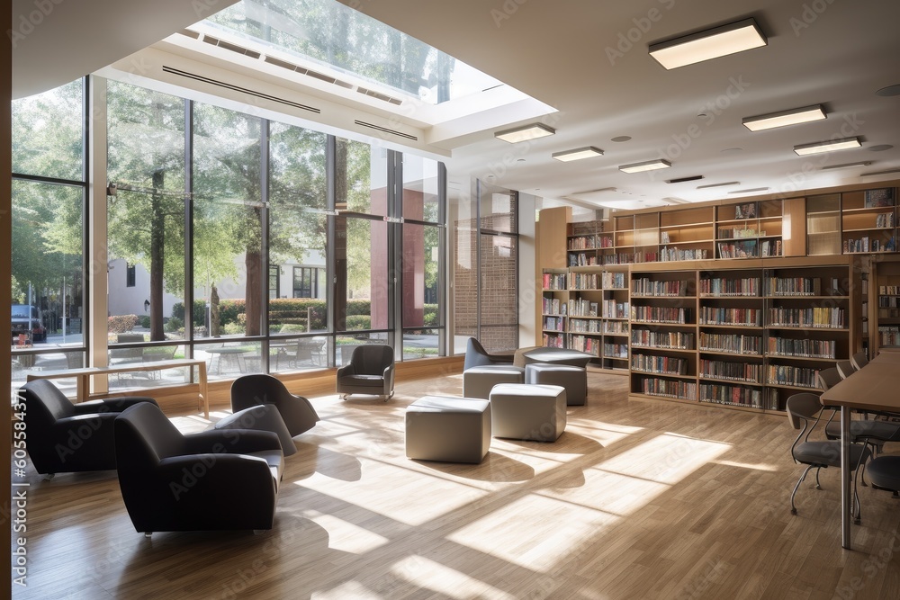 modern library with open spaces, natural light, and plenty of seating ...
