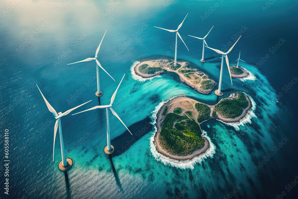 aerial view of Offshore and onshore windmill park ,Windmill farm green ...
