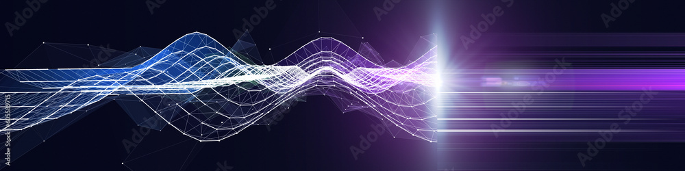 Abstract background wavy grid with blurred lines shines on dark. Plexus wireframe concept in ...