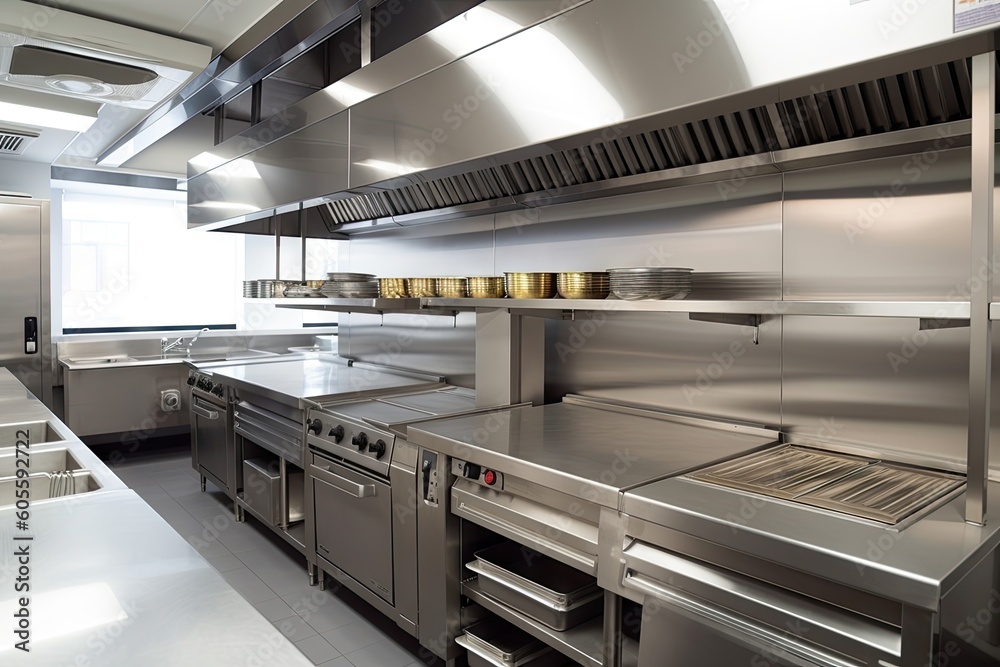 high-volume kitchen with double line of countertop, one side for food ...