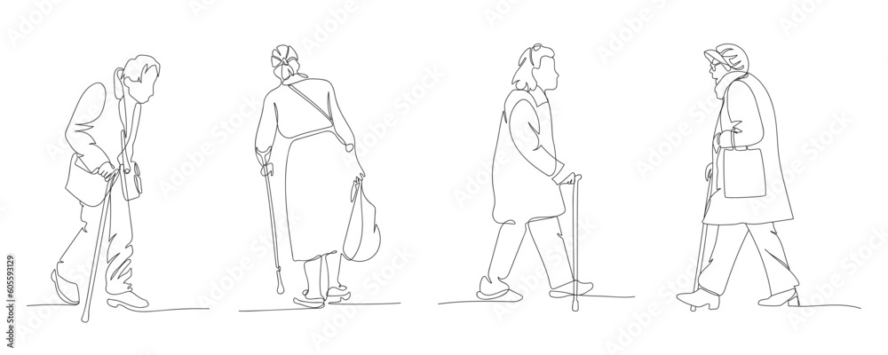 Elderly people walking with canes. Vector illustration in line art ...