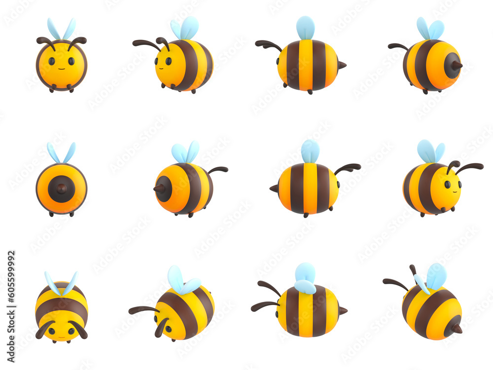 Cartoon Cute Bee Set Pack Collection 3d Render Stock Illustration ...