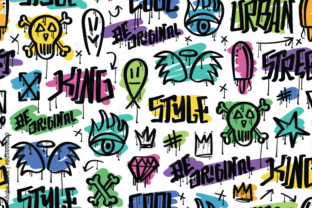 Graffiti style drawing elements and grunge texts. Seamless pattern ...