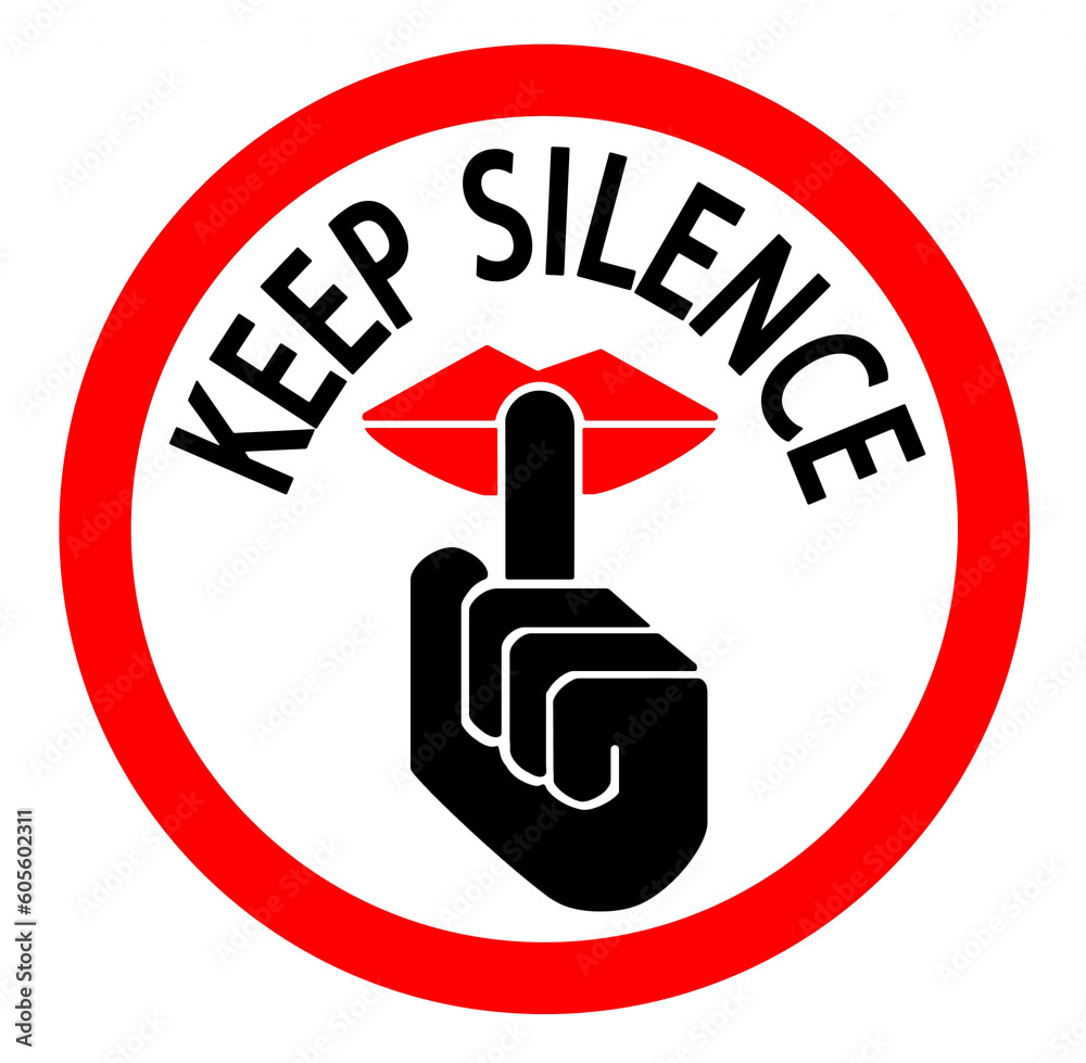 Poster Keep silence, warning sign with finger on red lips inside a ban ...