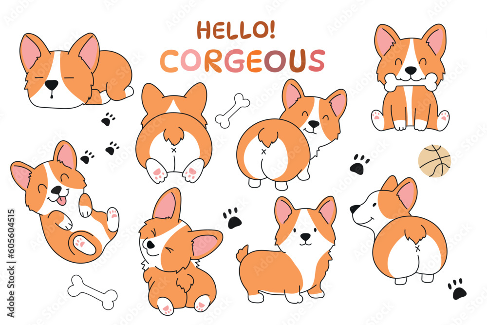 Corgi set. Funny puppies, and other design elements - bone, footprint ...