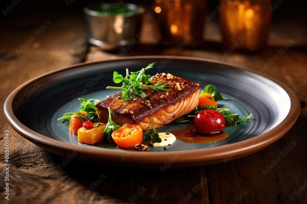 Gourmet Meal Plated Elegantly on Rustic Wooden Table, High-End Food ...