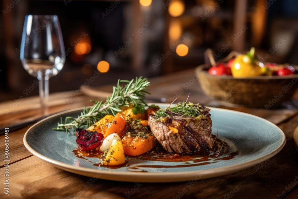 Gourmet Meal Plated Elegantly on Rustic Wooden Table, High-End Food ...