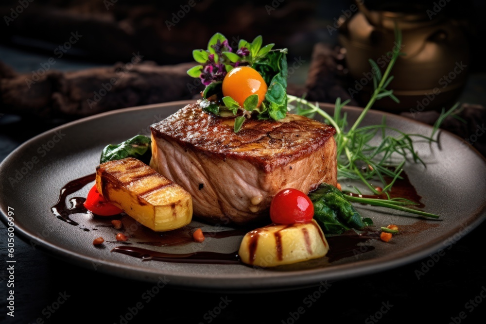 Gourmet Meal Plated Elegantly on Rustic Wooden Table, High-End Food ...
