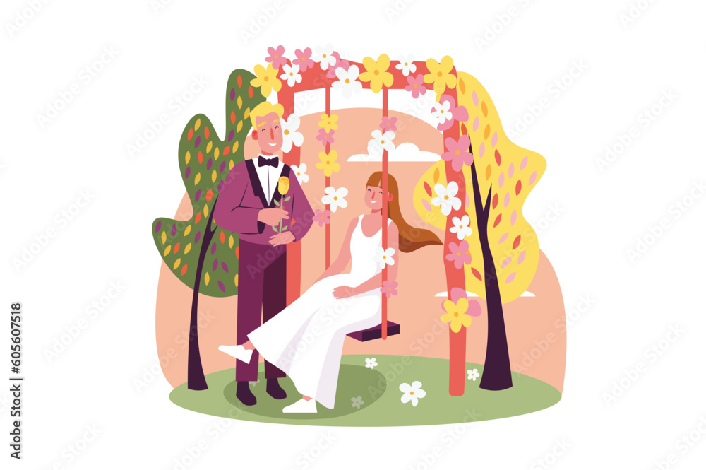 Concept Marriage ceremony with people scene in the flat cartoon style ...