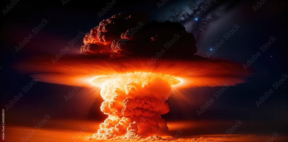 Huge nuclear explosion. Powerful blast with a mushroom cloud on the ...