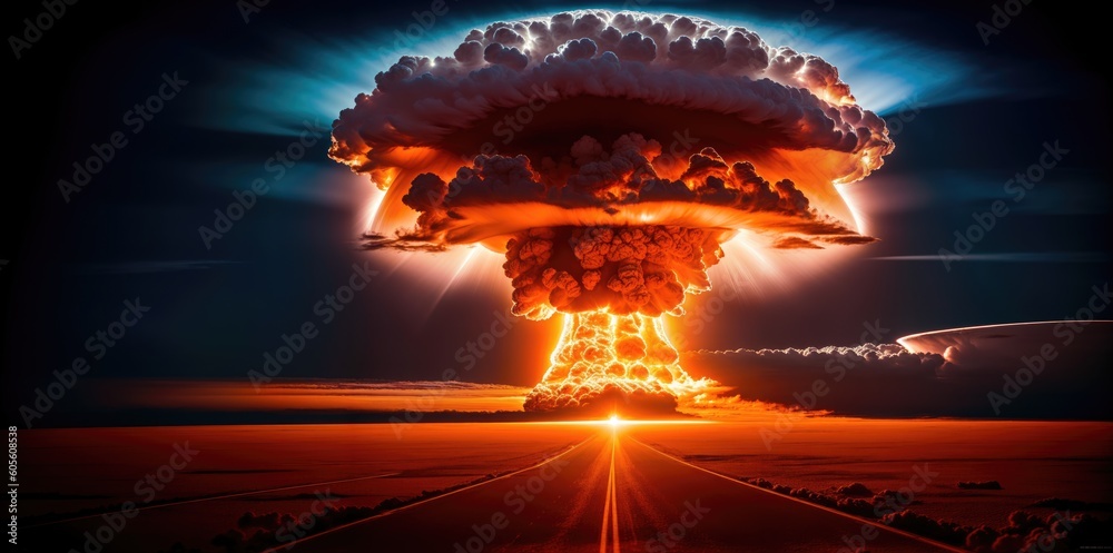 Asphalt road goes to a nuclear explosion. Powerful blast with a ...