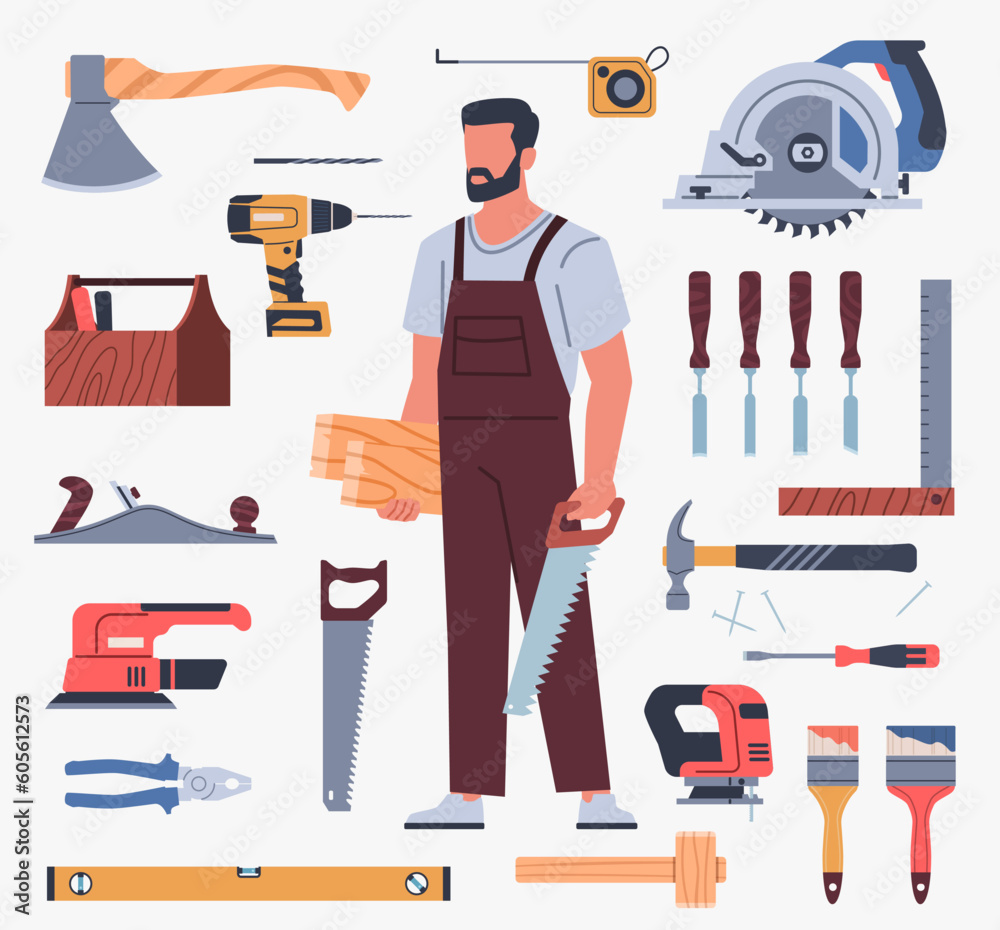 Carpenter elements. Flat cartoon repairman character with professional ...