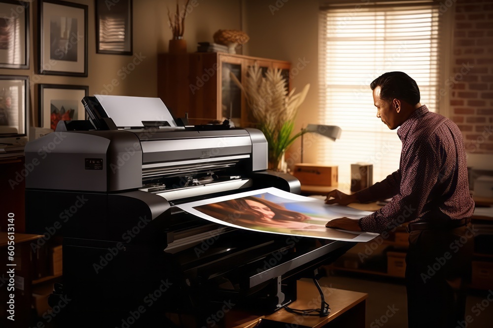 Professional photographer using an ink photo printer in a well-lit ...