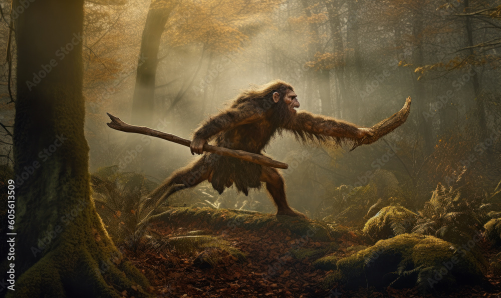Neanderthal, an archaic human, hunting in a dense, prehistoric mystic ...