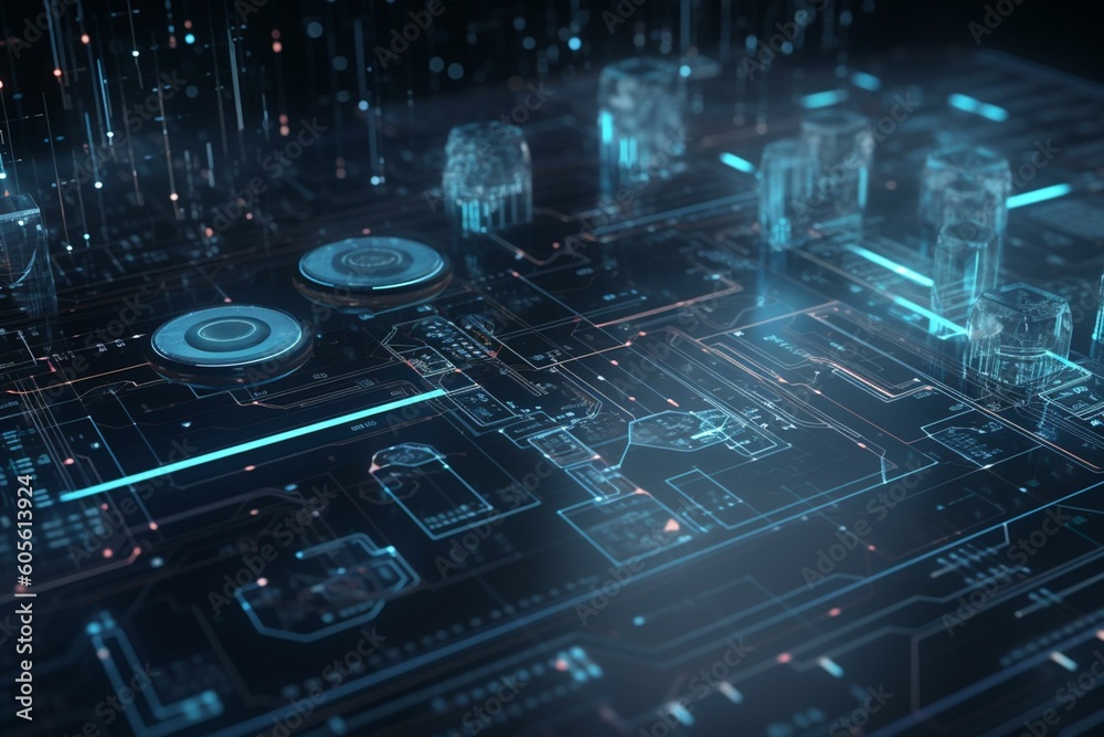 Futuristic tech background with floating circuits, charts, and digits ...
