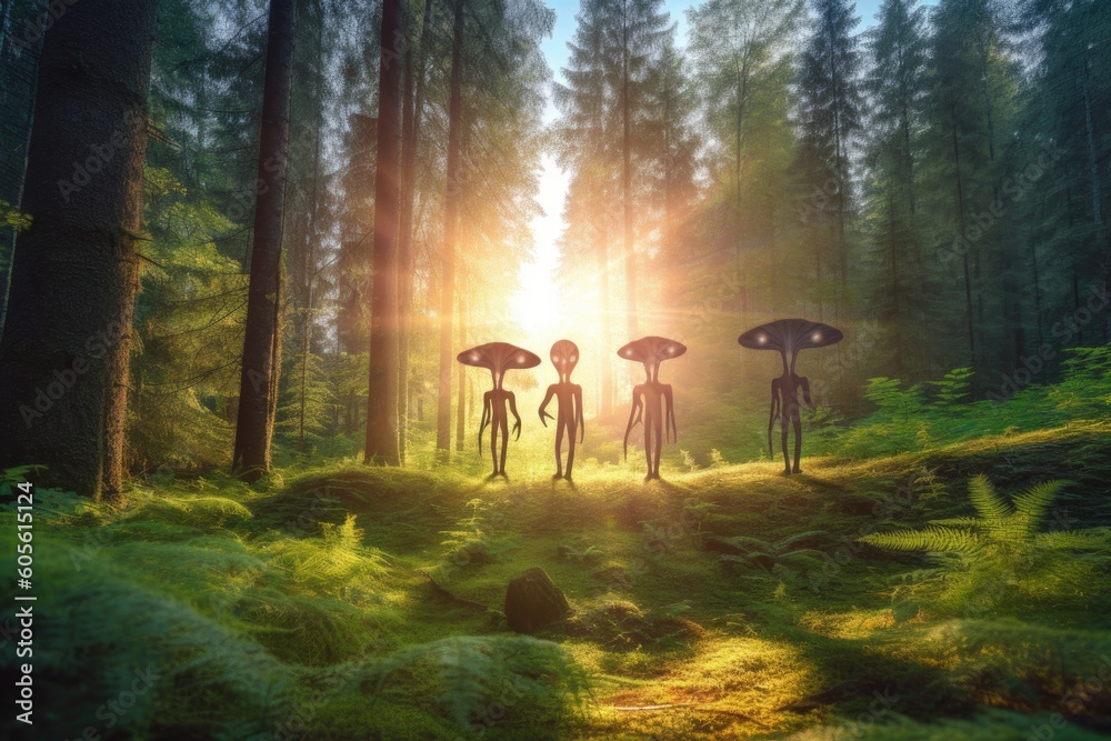 group of aliens enjoying nature walk in lush forest, with stunning ...