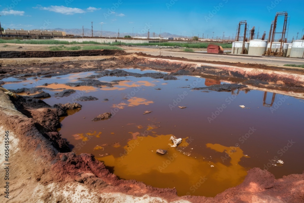 chemical waste pool, with toxic fumes rising from the surface, created ...