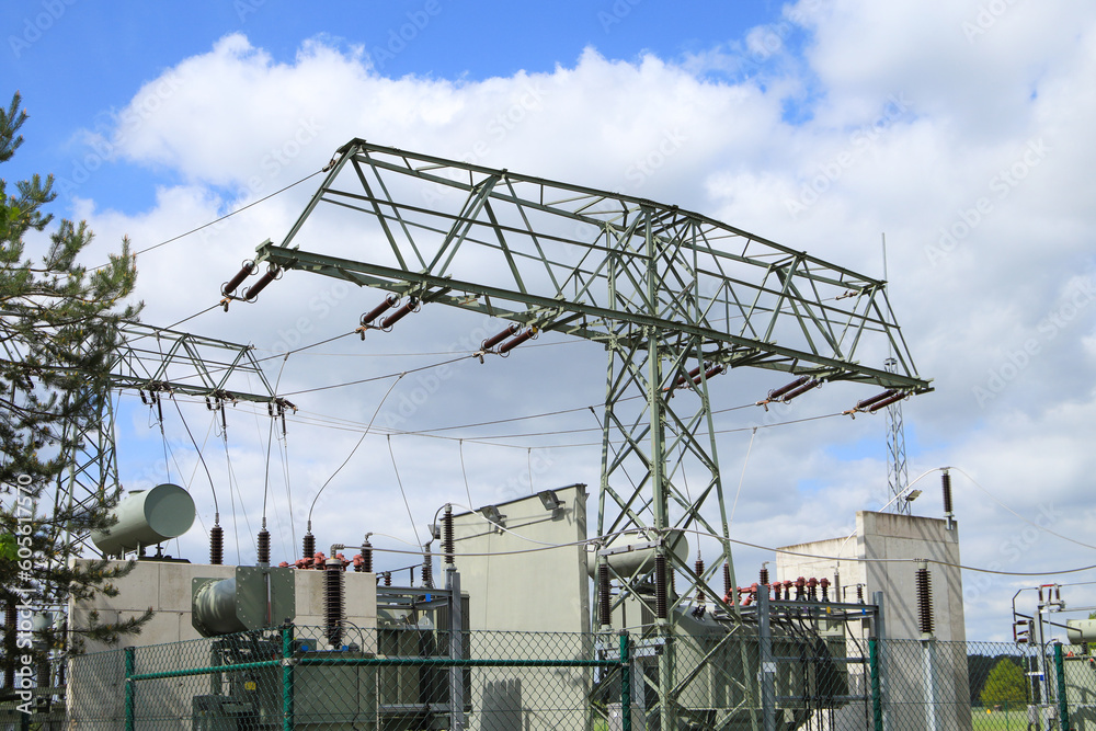 Close up of a substation. Electrical transformer - devices used to step ...