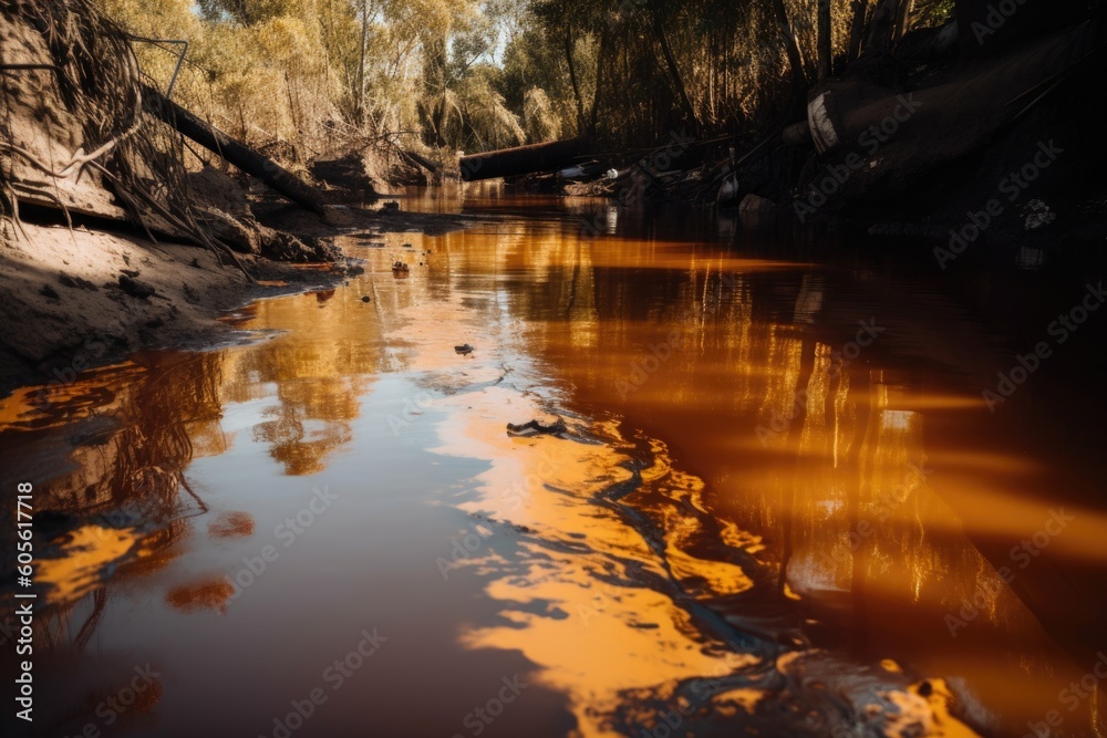 toxic spill in river, with chemical waste flowing into downstream water ...